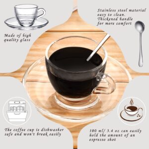 3.4 oz Espresso Cups Small Demitasse Clear Glass Espresso Drinkware Demitasse Cups Espresso Cups with Saucers Set Tea Cup and Saucer Set of 6 with Stainless Steel Mini Spoon for Hostess Coffee Lover