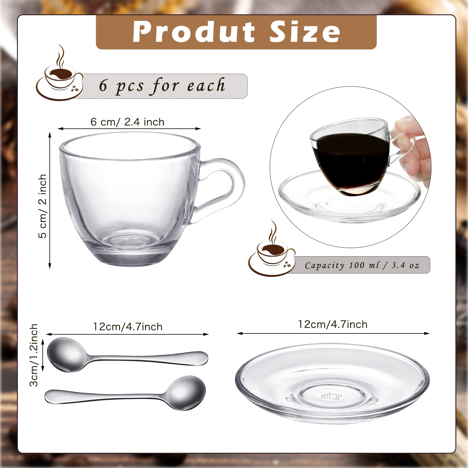 3.4 oz Espresso Cups Small Demitasse Clear Glass Espresso Drinkware Demitasse Cups Espresso Cups with Saucers Set Tea Cup and Saucer Set of 6 with Stainless Steel Mini Spoon for Hostess Coffee Lover