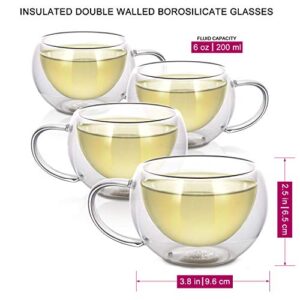 Teabloom Modern Classic Insulated Cups – 6 oz / 200 ml – Set of 4 Double Walled Glass Cups for Tea or Espresso