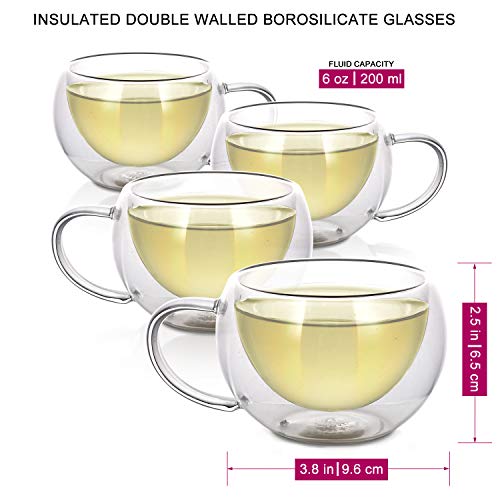 Teabloom Modern Classic Insulated Cups – 6 oz / 200 ml – Set of 4 Double Walled Glass Cups for Tea or Espresso