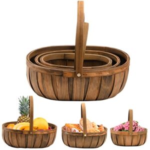 lawei 3 pack wicker bread baskets, wood chip picnic basket with handles, handmade woven fruits vegetable storage serving basket holder, gift packing woven basket, flower girl baskets for wedding