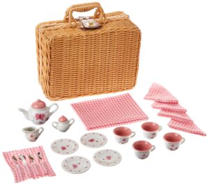 schylling brand classic porcelain butterfly tea basket set - 24 piece miniature tea set - 1.25" tall tea cups - includes latching picnic basket - ages 8-10