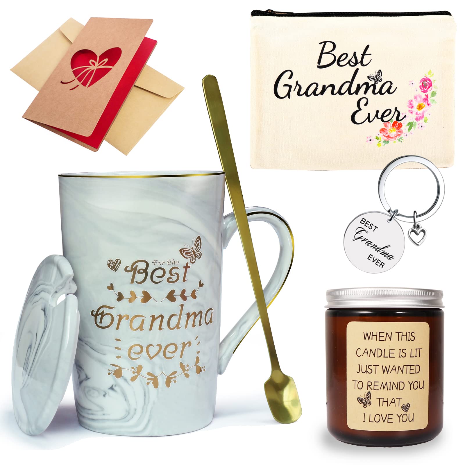 WeTop Best Grandma Ever Gifts Basket, Christmas, Mothers Day, Birthday Gifts for Grandma From Granddaughter Grandson Grandchildren Grandkids, Coffee Mug/Candle/Keychain Personalized presents Set.