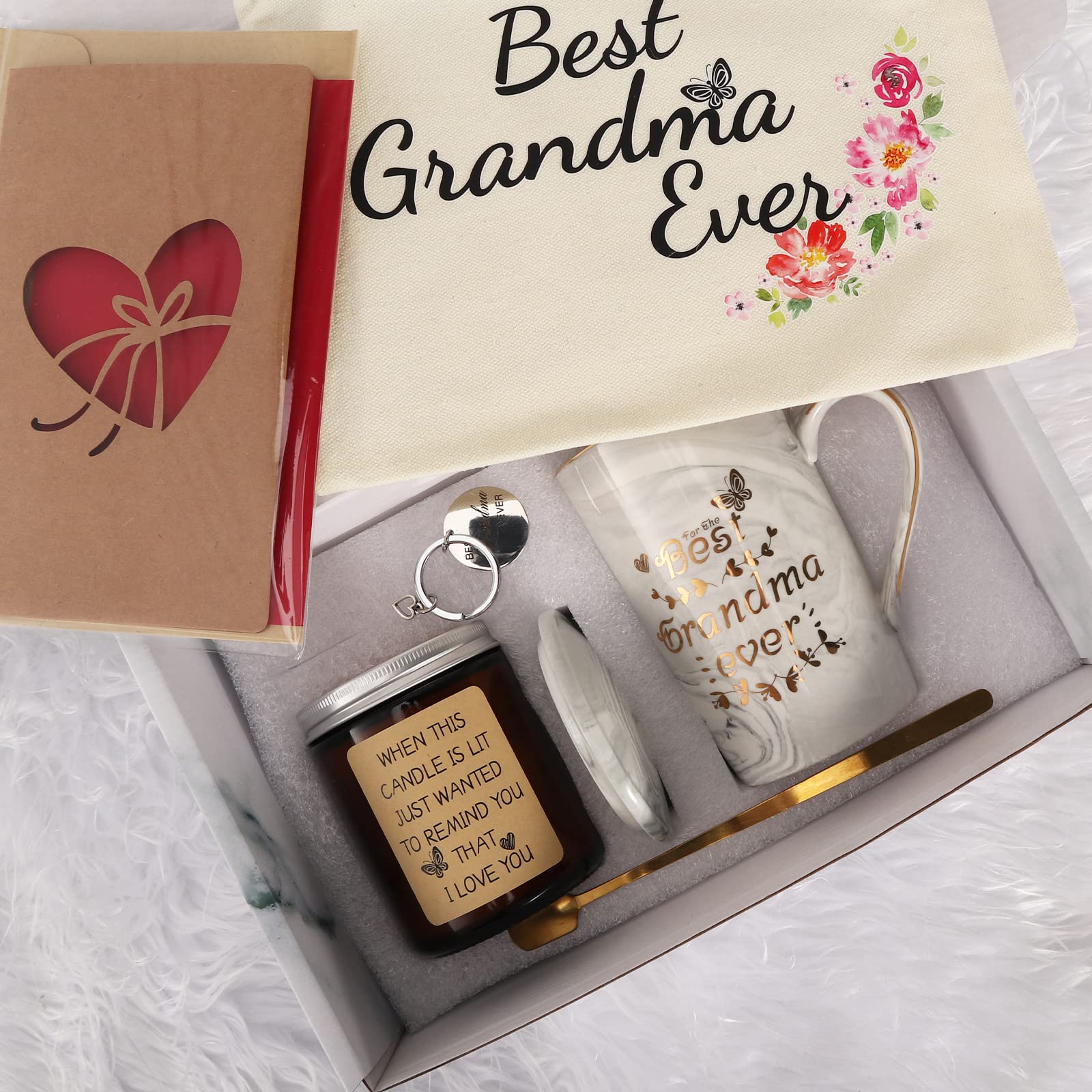 WeTop Best Grandma Ever Gifts Basket, Christmas, Mothers Day, Birthday Gifts for Grandma From Granddaughter Grandson Grandchildren Grandkids, Coffee Mug/Candle/Keychain Personalized presents Set.