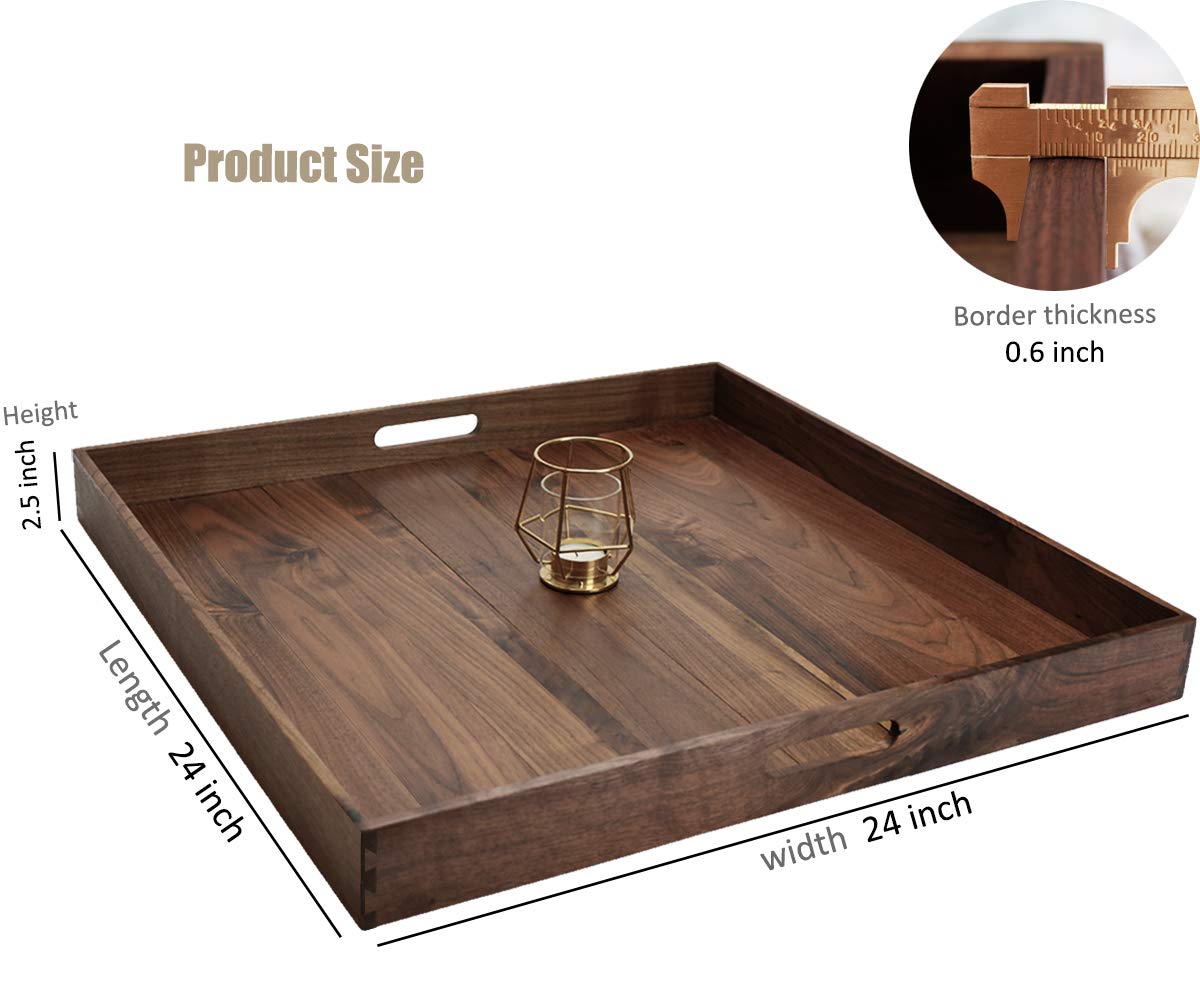 MAGIGO 24 x 24 Inches Extra Large Square Black Walnut Wood Ottoman Tray with Handles, Serve Tea, Coffee or Breakfast in Bed, Classic Wooden Decorative Serving Tray