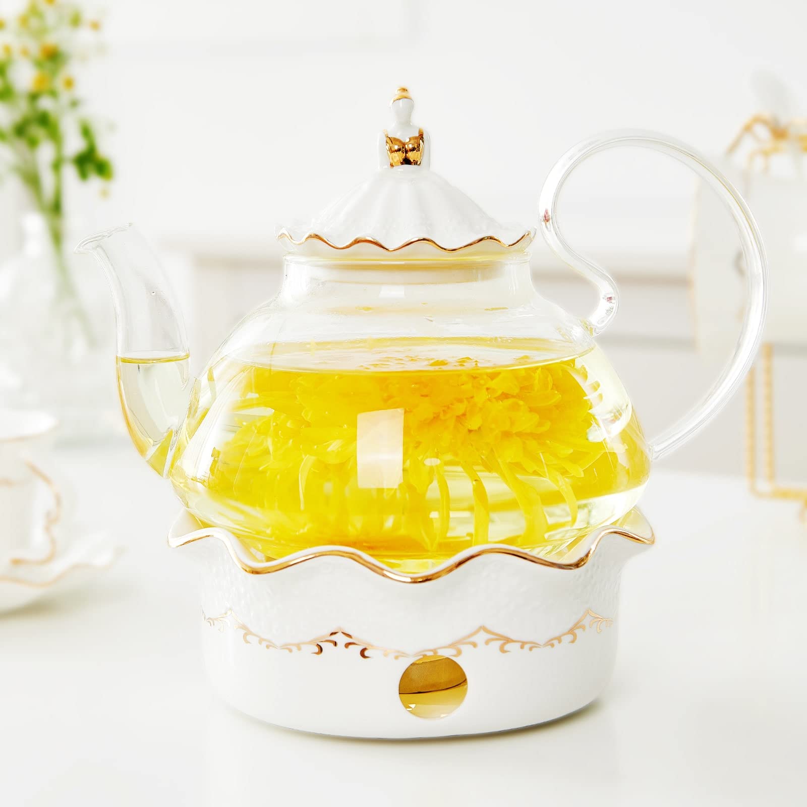 DUJUST Blooming Tea Pot Set, Luxury British Design with Relief Decor & Gold Trims, Hand-Crafted Clear Teapot with Warmer, 40oz Glass Teapot with Infuser, Stove-Safe Tea Party Gift & Home Décor