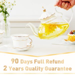 DUJUST Blooming Tea Pot Set, Luxury British Design with Relief Decor & Gold Trims, Hand-Crafted Clear Teapot with Warmer, 40oz Glass Teapot with Infuser, Stove-Safe Tea Party Gift & Home Décor