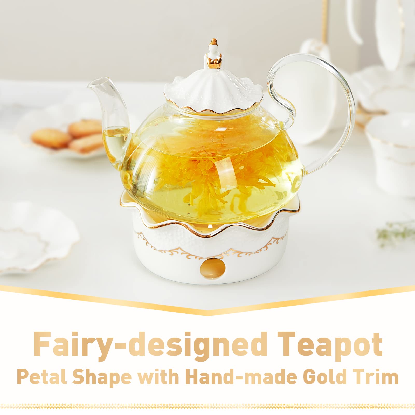 DUJUST Blooming Tea Pot Set, Luxury British Design with Relief Decor & Gold Trims, Hand-Crafted Clear Teapot with Warmer, 40oz Glass Teapot with Infuser, Stove-Safe Tea Party Gift & Home Décor