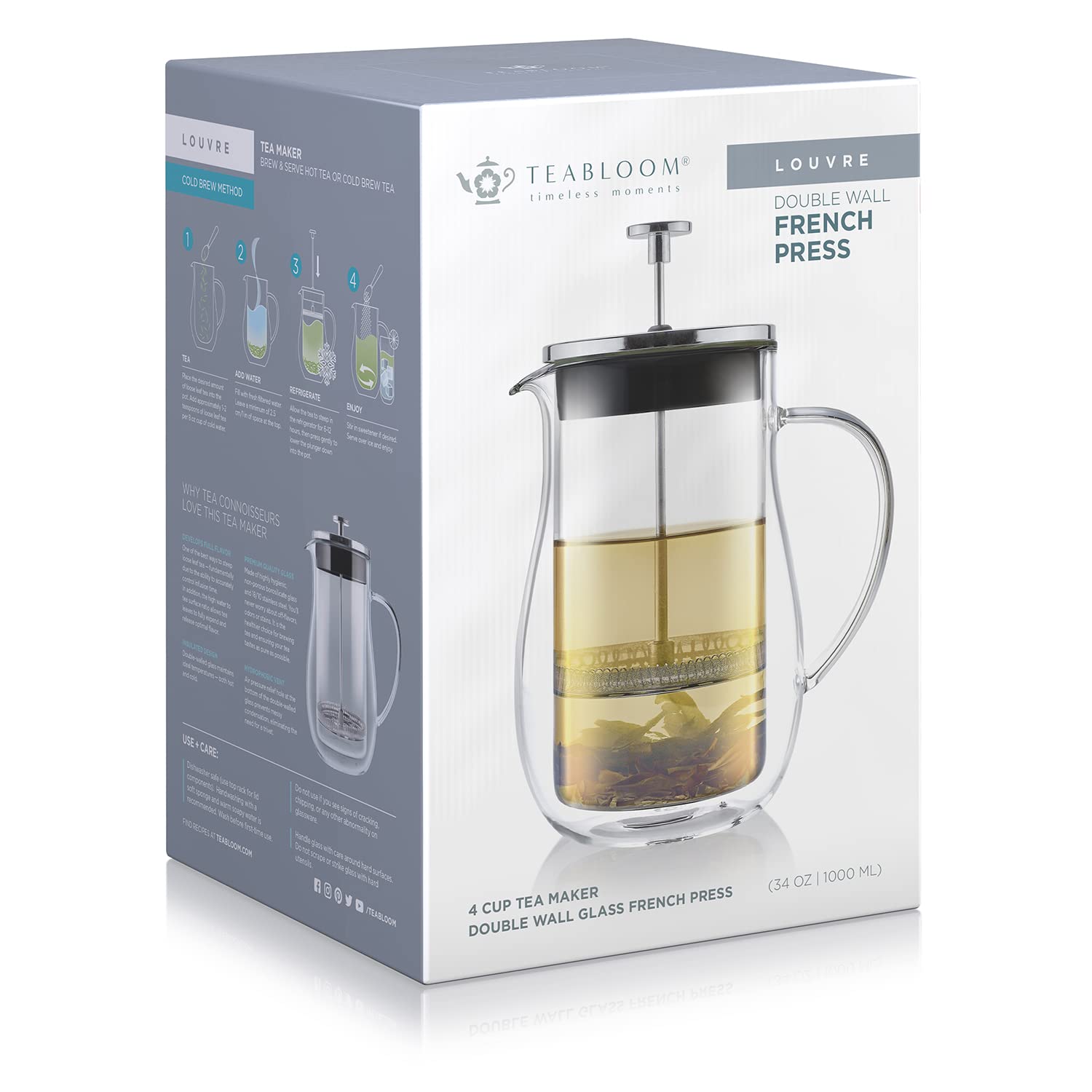 Teabloom Louvre Insulated Glass Tea Press – 34 OZ (4 Cups) – Loose Leaf Tea Steeper – Brew and Serve Hot Tea – Tea Connoisseur's Choice