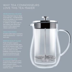 Teabloom Louvre Insulated Glass Tea Press – 34 OZ (4 Cups) – Loose Leaf Tea Steeper – Brew and Serve Hot Tea – Tea Connoisseur's Choice