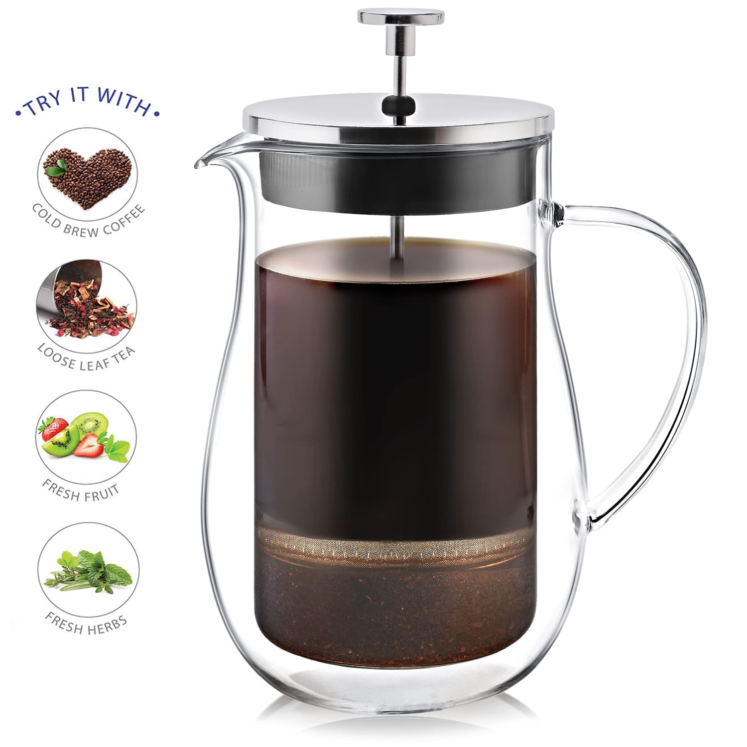 Teabloom Louvre Insulated Glass Tea Press – 34 OZ (4 Cups) – Loose Leaf Tea Steeper – Brew and Serve Hot Tea – Tea Connoisseur's Choice