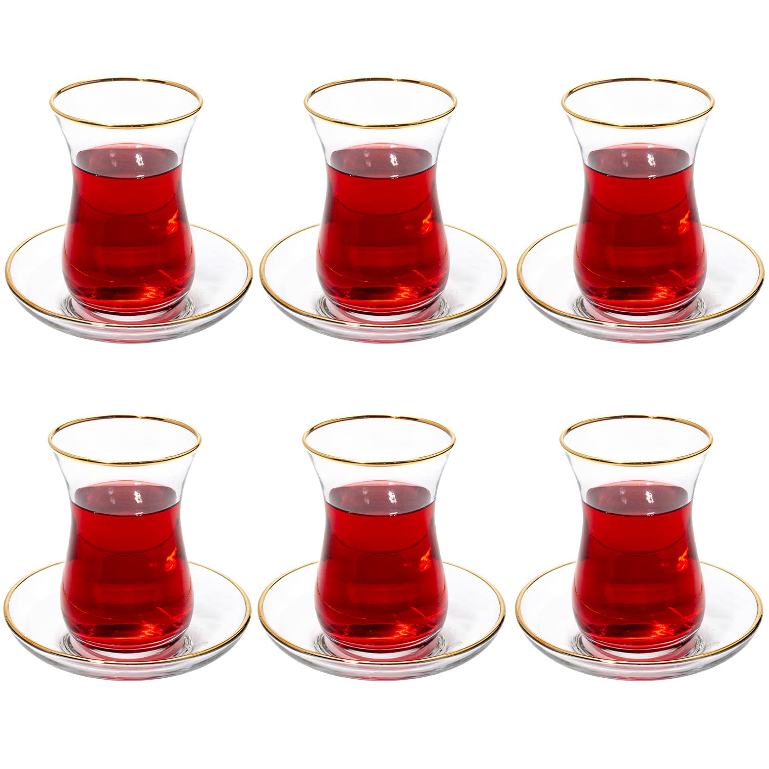 Vikko Turkish Tea Glasses & Saucers, 5.5 Oz Turkish Tea Cups,Turkish Glass Tea Set For Six, Tea Cup Glass, Clear Glass Tea Cups And Saucers, Gold Accented Turkish Tea Cup Set, 6 Cups and 6 Plates