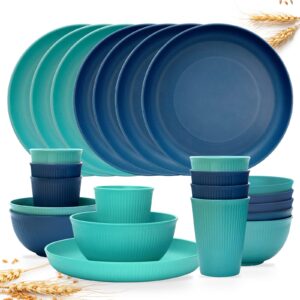 dhnvcud 24-piece plates and bowls sets,wheat straw dinnerware sets for 8,unbreakable plastic dinnerware set,reusable plates,bowls and cups,plastic dishes set for kitchen,outdoor camping,rv