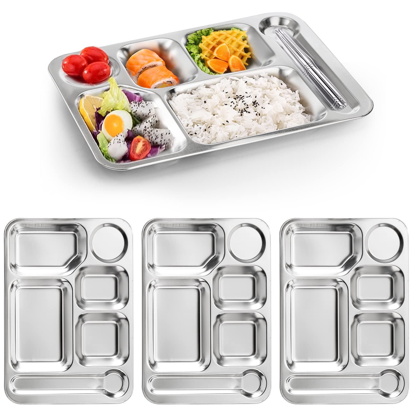 Fasmov 4 Pack Stainless Steel Rectangular Divided Dinner Tray, 6 Sections Stainless steel Metal Plate for Adults, Picky Eaters, Campers, and Portion Control