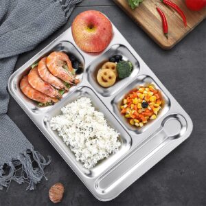 Fasmov 4 Pack Stainless Steel Rectangular Divided Dinner Tray, 6 Sections Stainless steel Metal Plate for Adults, Picky Eaters, Campers, and Portion Control