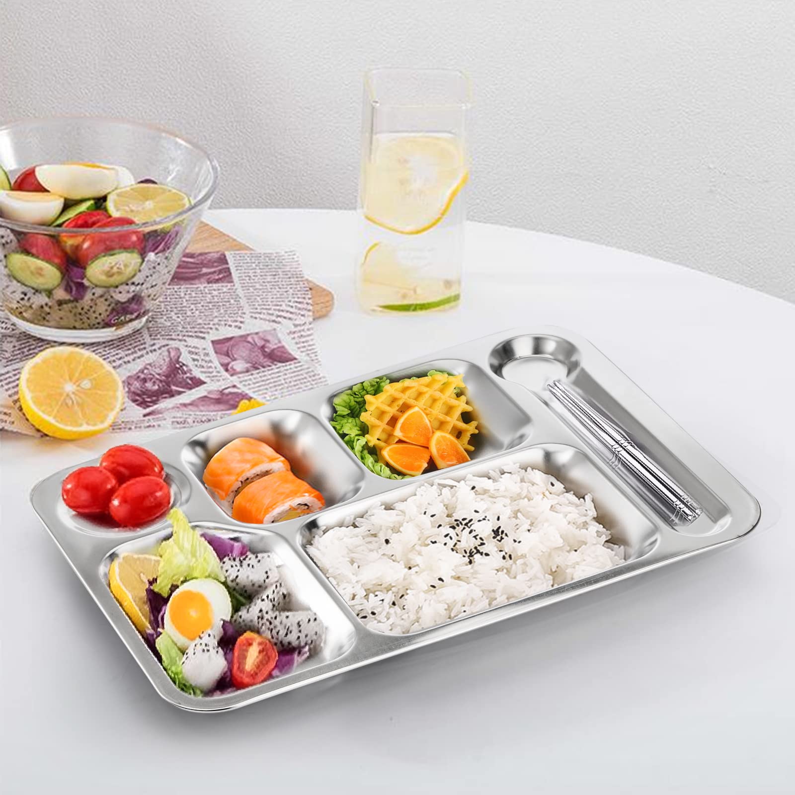 Fasmov 4 Pack Stainless Steel Rectangular Divided Dinner Tray, 6 Sections Stainless steel Metal Plate for Adults, Picky Eaters, Campers, and Portion Control