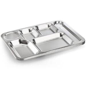 Fasmov 4 Pack Stainless Steel Rectangular Divided Dinner Tray, 6 Sections Stainless steel Metal Plate for Adults, Picky Eaters, Campers, and Portion Control