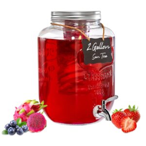 hanaiette 2 gallon glass beverage dispenser for parties, leak-proof 304 stainless steel spigot ＆ lid, drink dispensers jar with fruit infuser, suitable to make sun tea, lemonade, kombucha et