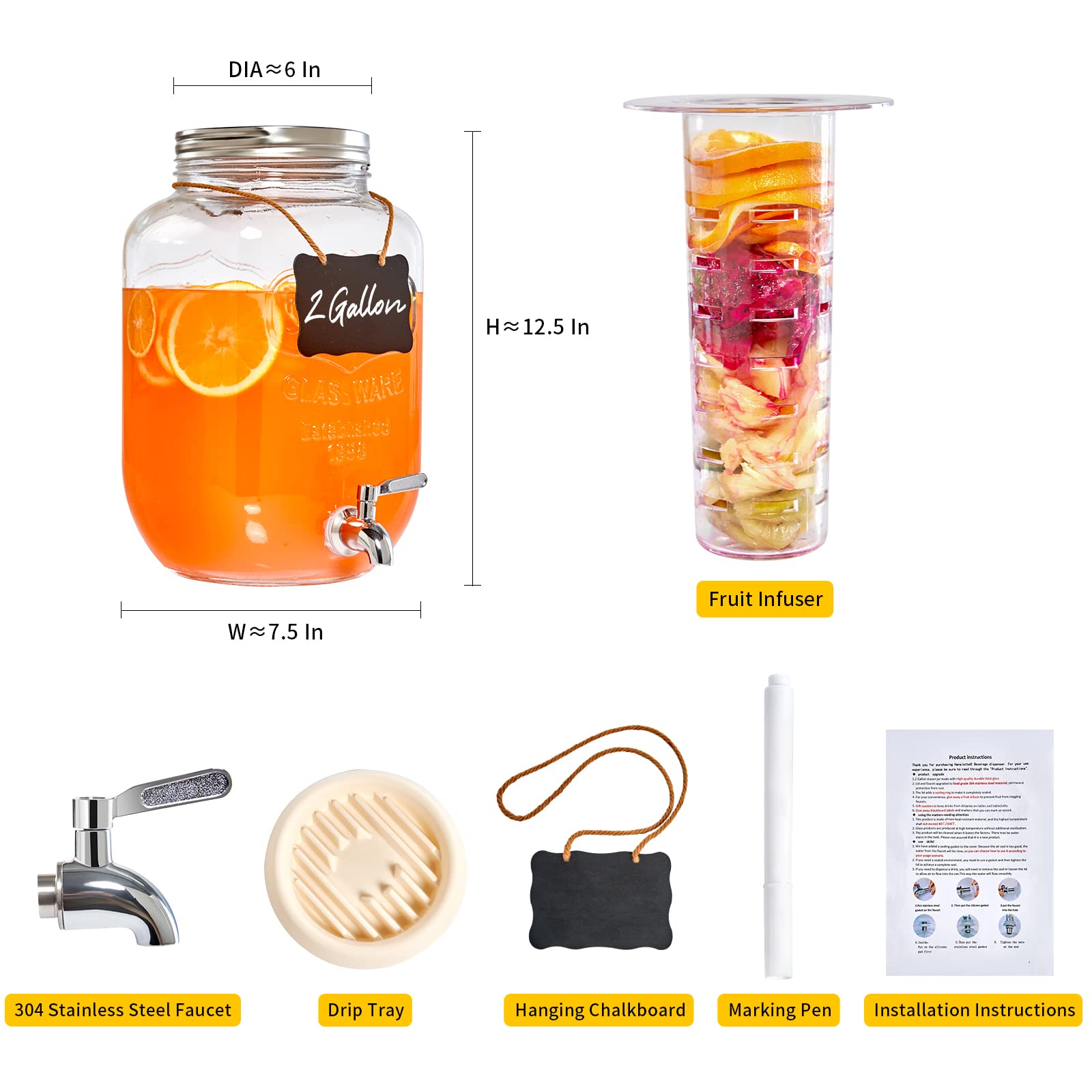 Hanaiette 2 Gallon Glass Beverage Dispenser for Parties, Leak-proof 304 Stainless Steel Spigot ＆ Lid, Drink Dispensers Jar with Fruit Infuser, Suitable to Make Sun Tea, Lemonade, Kombucha et