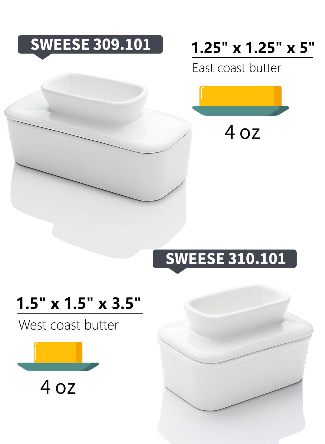 Sweese Porcelain Butter Dish with Water - French Butter Keeper Crock - Perfect for East Coast Butter - Spreadable without Refrigeration, White