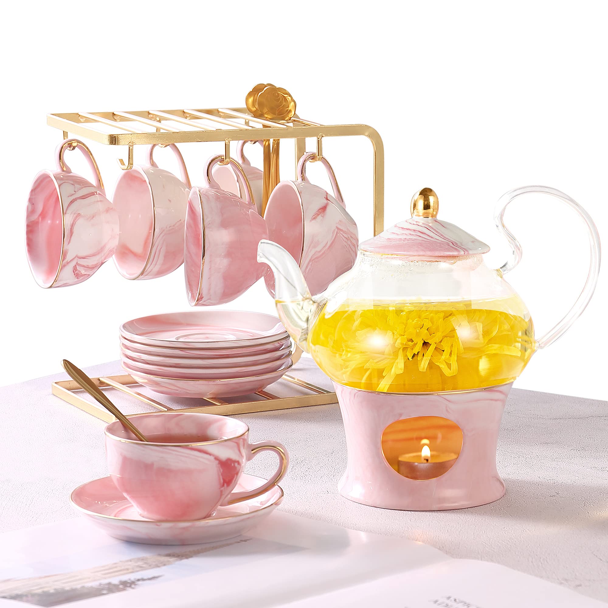 DUJUST 21 pcs Small Tea pot Set of 6, Fine Porcelain, Pink Marble Texture with Handcraft Golden Trim for Girls&Women, 1 Glass Teapot(22oz), 6 Cups(4oz), 6 Saucers, 6 Spoons, 1 Shelf&1 Warmer…