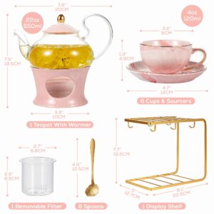 DUJUST 21 pcs Small Tea pot Set of 6, Fine Porcelain, Pink Marble Texture with Handcraft Golden Trim for Girls&Women, 1 Glass Teapot(22oz), 6 Cups(4oz), 6 Saucers, 6 Spoons, 1 Shelf&1 Warmer…