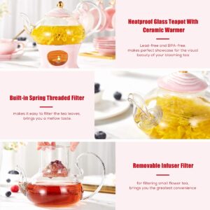 DUJUST 21 pcs Small Tea pot Set of 6, Fine Porcelain, Pink Marble Texture with Handcraft Golden Trim for Girls&Women, 1 Glass Teapot(22oz), 6 Cups(4oz), 6 Saucers, 6 Spoons, 1 Shelf&1 Warmer…