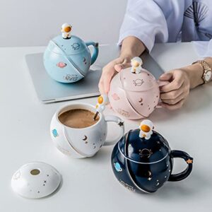 HwaGui - Cute Astronaut Mug With Lid And Spoon, Kawaii Cup Novelty Mug For Coffee, Tea And Milk, Mug Gift Blue 450ml/15oz