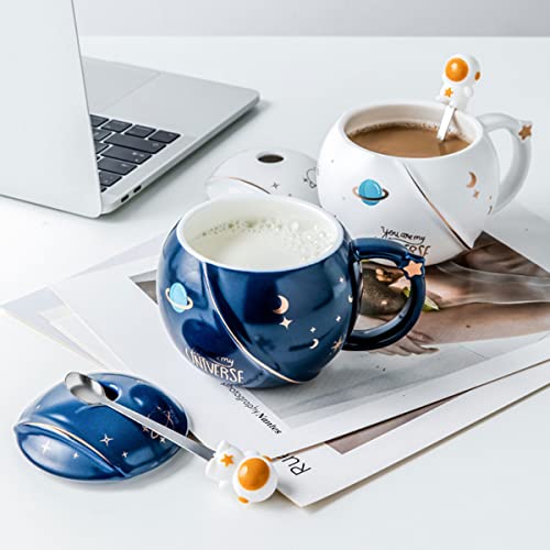 HwaGui - Cute Astronaut Mug With Lid And Spoon, Kawaii Cup Novelty Mug For Coffee, Tea And Milk, Mug Gift Blue 450ml/15oz