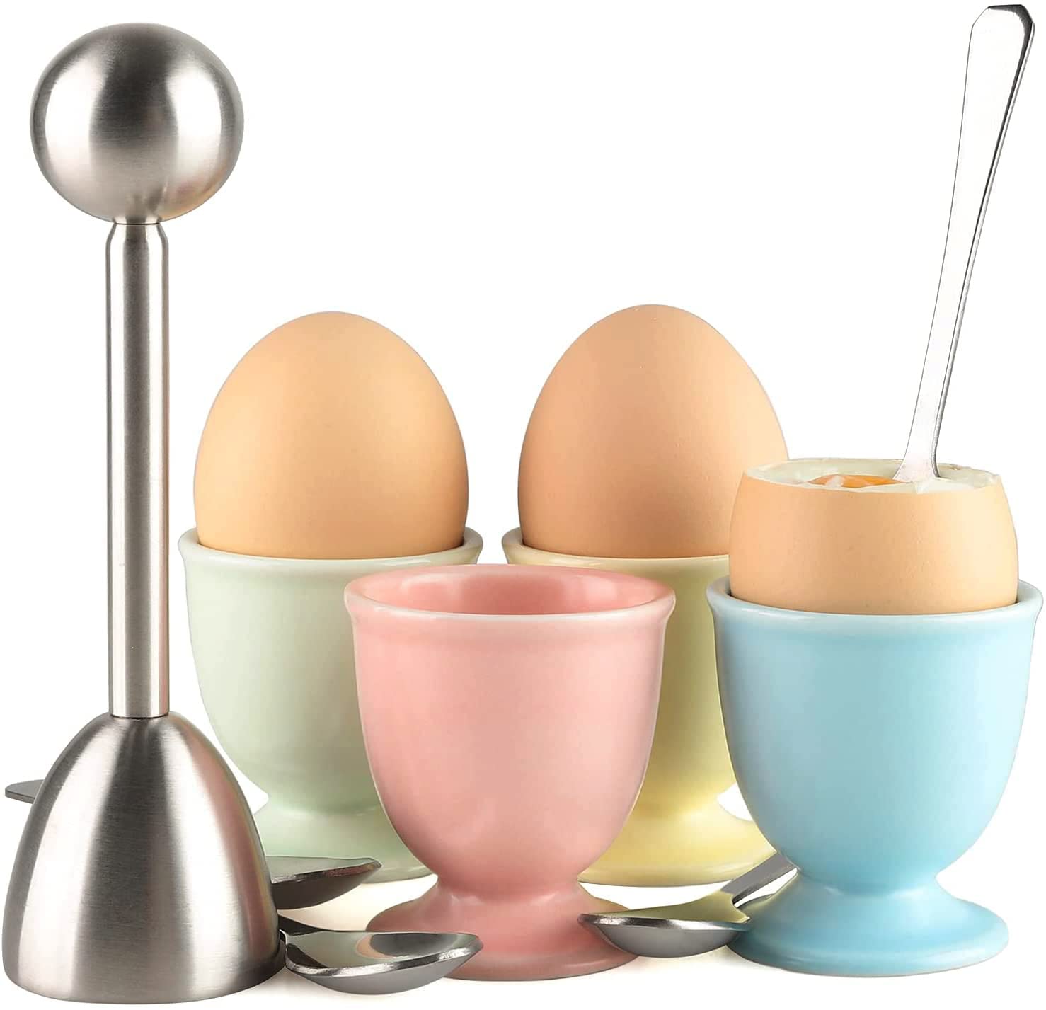 Ceramic Egg Cup Egg Cracker Topper Set for Soft Hard Boiled Eggs Shell Removal Includes 1 Egg Cutter 4 Ceramic Egg Cups and 4 Spoons (Egg Cracker Topper Set)