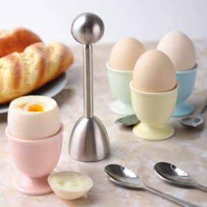 Ceramic Egg Cup Egg Cracker Topper Set for Soft Hard Boiled Eggs Shell Removal Includes 1 Egg Cutter 4 Ceramic Egg Cups and 4 Spoons (Egg Cracker Topper Set)