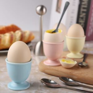 Ceramic Egg Cup Egg Cracker Topper Set for Soft Hard Boiled Eggs Shell Removal Includes 1 Egg Cutter 4 Ceramic Egg Cups and 4 Spoons (Egg Cracker Topper Set)