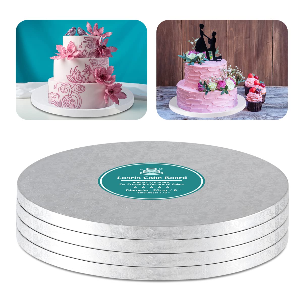 Silver Cake Drum Round 12 Inch Cake Boards with 1/2-Inch Thick Smooth Edges for Multi Tiered Birthday Wedding Party Cake Drums Board