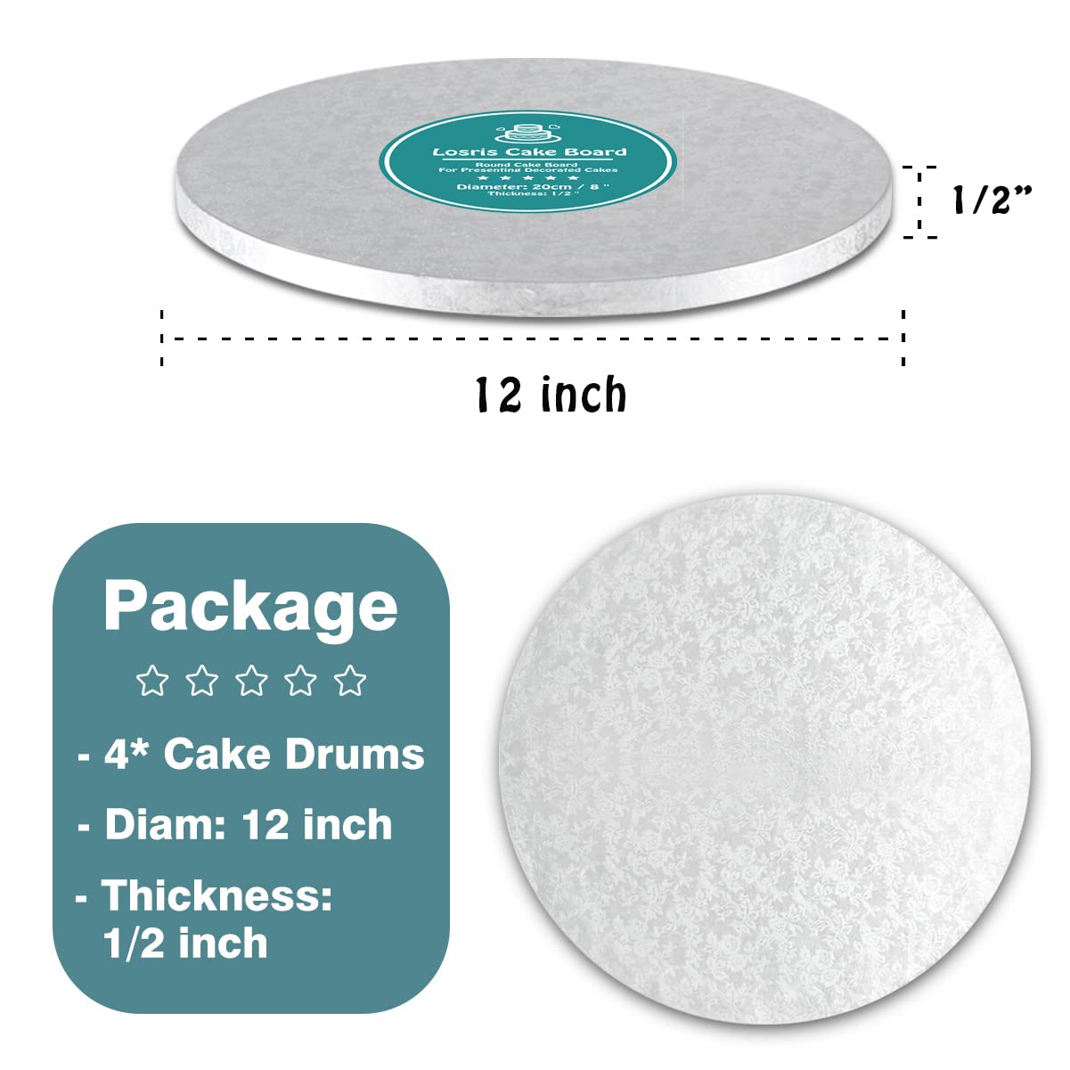 Silver Cake Drum Round 12 Inch Cake Boards with 1/2-Inch Thick Smooth Edges for Multi Tiered Birthday Wedding Party Cake Drums Board