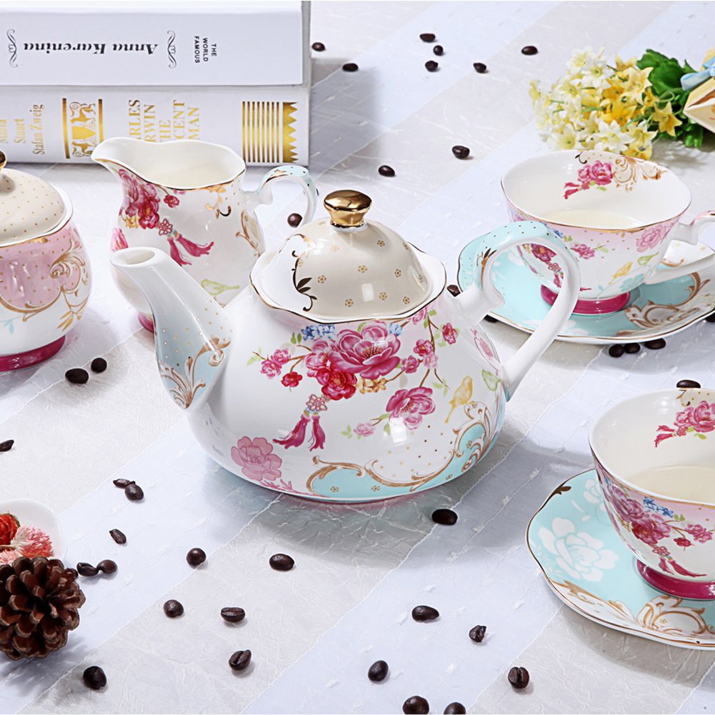 AWHOME Tea Pot Bone China Floral Design Vintage Teapot Loose Tea Women and Tea lovers 850 ml about 4 Cups Gift Box