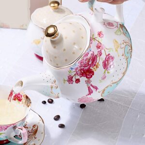 AWHOME Tea Pot Bone China Floral Design Vintage Teapot Loose Tea Women and Tea lovers 850 ml about 4 Cups Gift Box