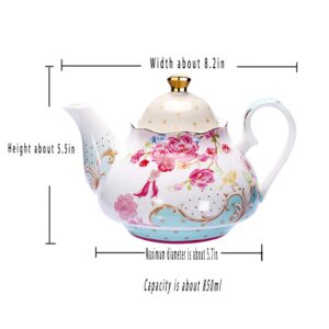 AWHOME Tea Pot Bone China Floral Design Vintage Teapot Loose Tea Women and Tea lovers 850 ml about 4 Cups Gift Box