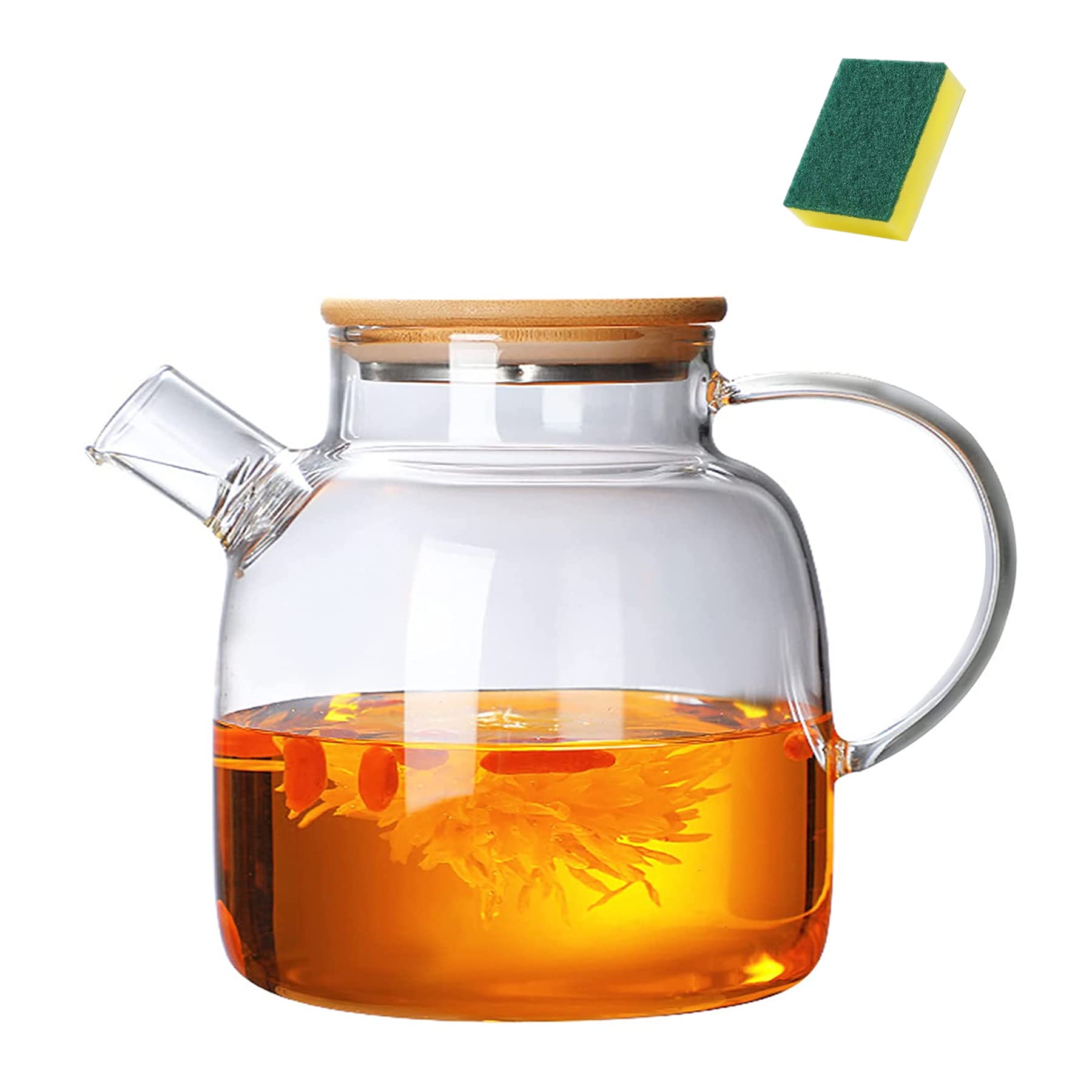 Glass Teapot Stovetop & Microwave Safe, 34oz/1000ml Glass Borosilicate Teapot with Removable Filter Spout, Glass Teapots with Bamboo Lid, Teapot for Loose Leaf, Fruit Tea, Blooming Tea