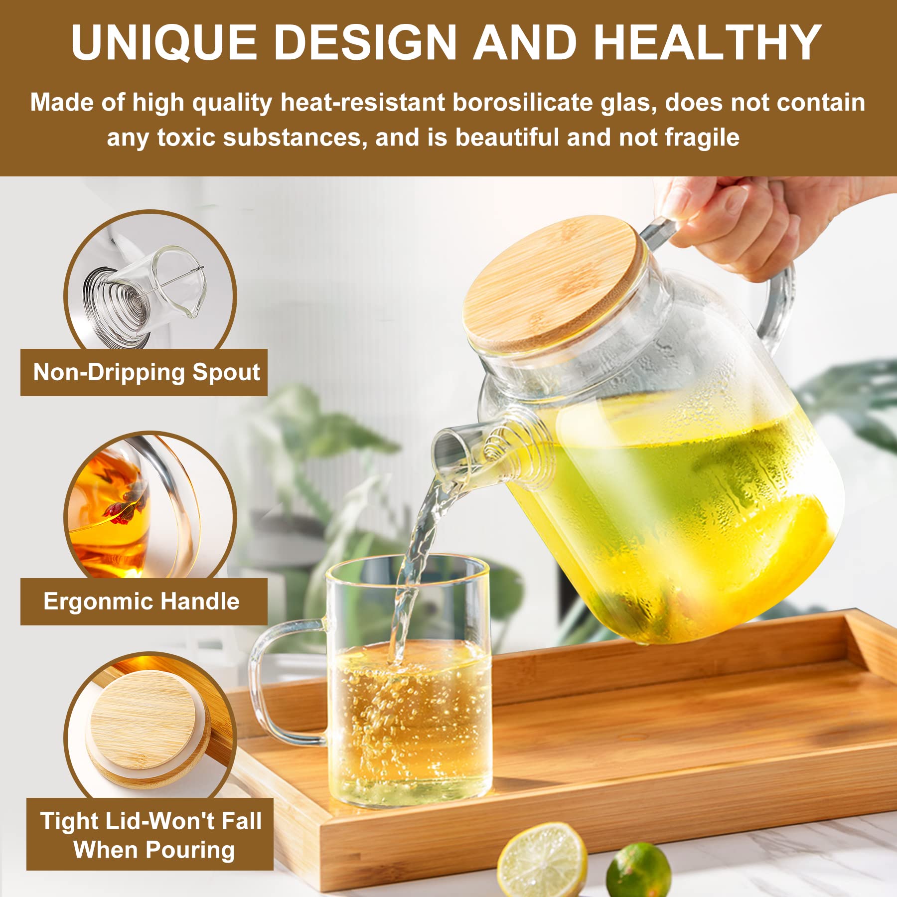 Glass Teapot Stovetop & Microwave Safe, 34oz/1000ml Glass Borosilicate Teapot with Removable Filter Spout, Glass Teapots with Bamboo Lid, Teapot for Loose Leaf, Fruit Tea, Blooming Tea