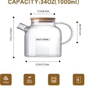 Glass Teapot Stovetop & Microwave Safe, 34oz/1000ml Glass Borosilicate Teapot with Removable Filter Spout, Glass Teapots with Bamboo Lid, Teapot for Loose Leaf, Fruit Tea, Blooming Tea