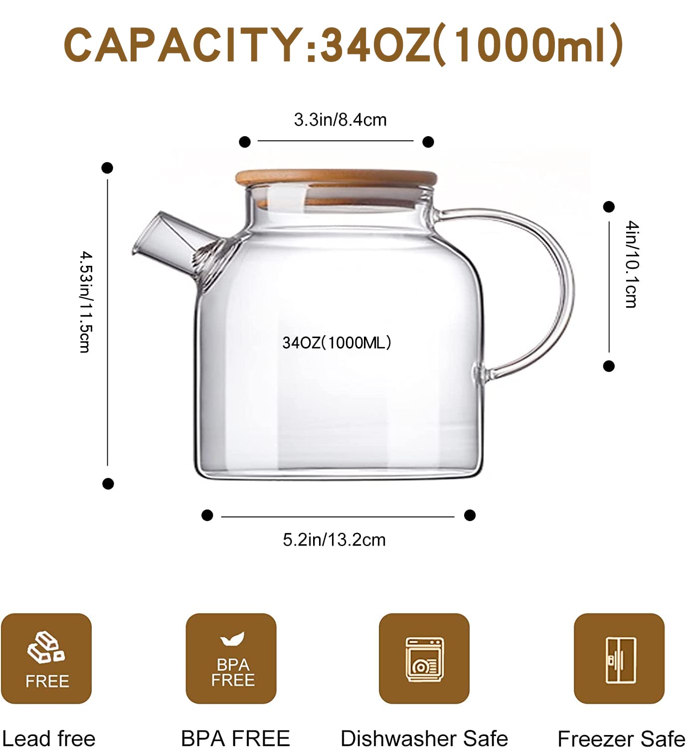 Glass Teapot Stovetop & Microwave Safe, 34oz/1000ml Glass Borosilicate Teapot with Removable Filter Spout, Glass Teapots with Bamboo Lid, Teapot for Loose Leaf, Fruit Tea, Blooming Tea