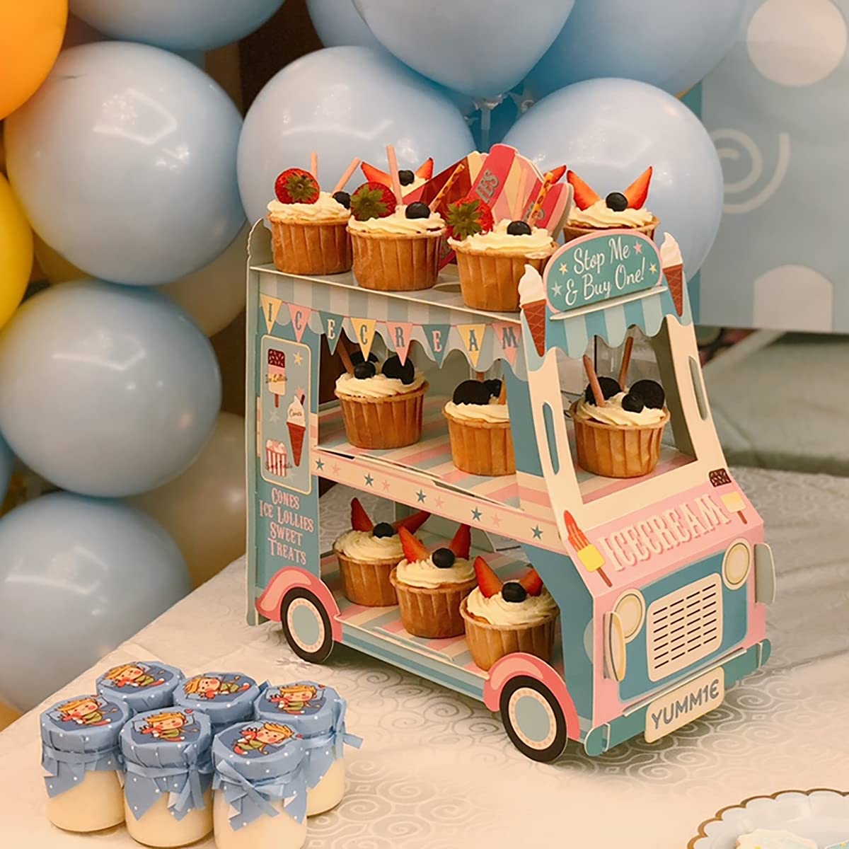 YONDMMIY 3 Tier Cupcake Stand Ice Cream Van Stand Cars Display Stand Bus Cupcake Cake Stand Truck Paper Cupcake Holder for Kids Birthday Party Decorations