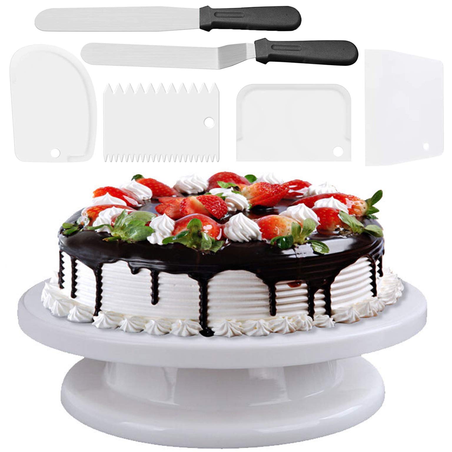 11 Inch Rotating Cake Turntable with 2 Icing Spatula and 4 Icing Smoother, Revolving Cake Stand White Baking Cake Decorating Supplies(Total 7 PCS)