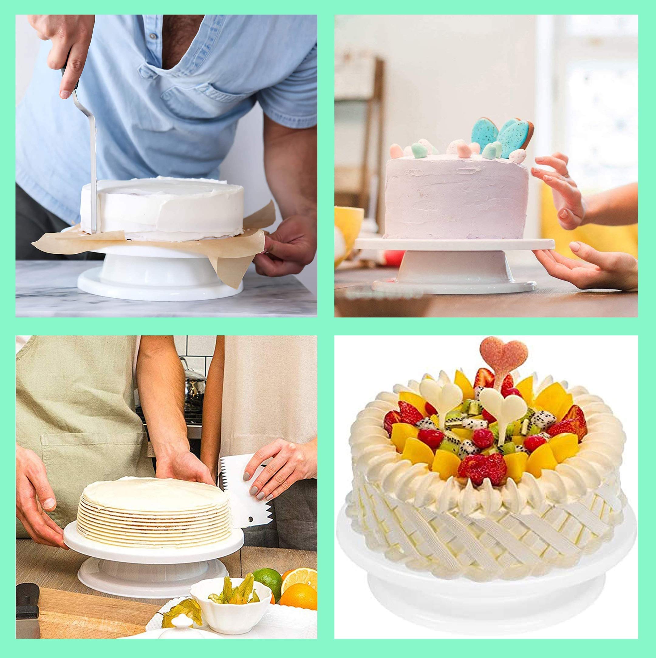 11 Inch Rotating Cake Turntable with 2 Icing Spatula and 4 Icing Smoother, Revolving Cake Stand White Baking Cake Decorating Supplies(Total 7 PCS)