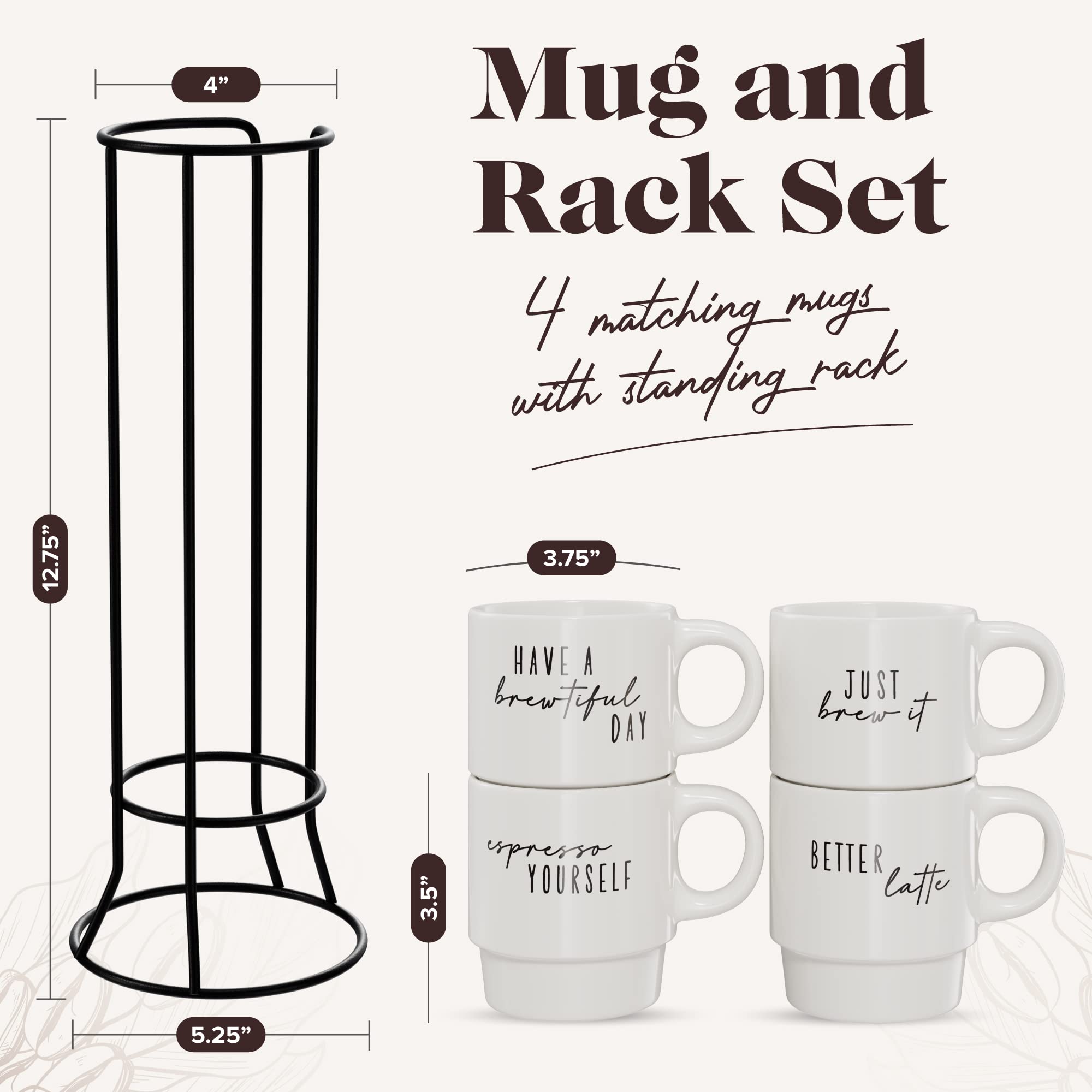 American Atelier Coffee Mug Set with Coffee Mug Rack | Coffee Mugs Set of 4 | Stackable Coffee Mugs with Rack | Coffee Cup Set with Coffee Cup Rack | Have a Brewtiful Day Print | Ceramic Mug