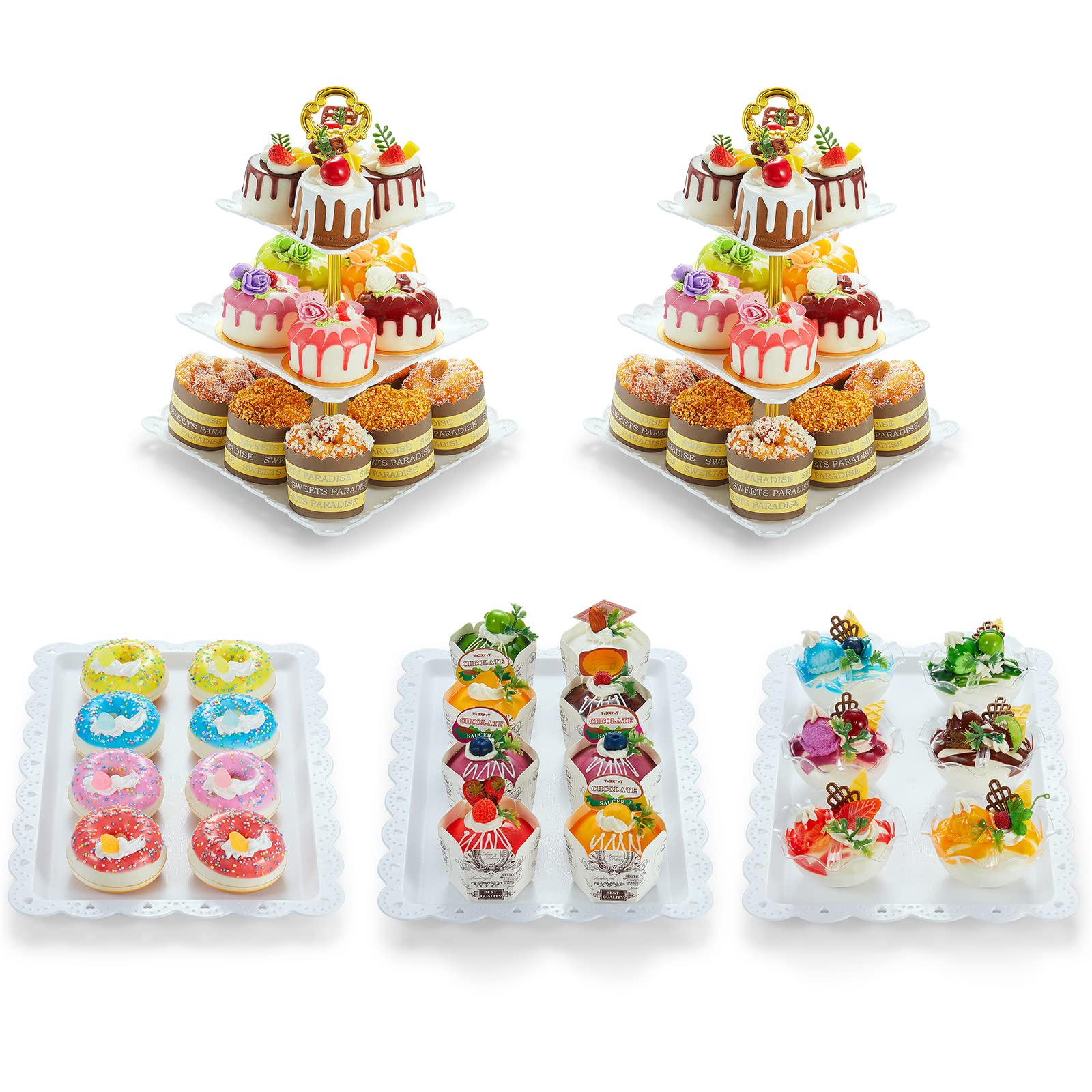 Dessert Table Display Set, 5 Pcs Cupcake Stand Set, Yuugitil White Gold Square Cupcake Tower & 14.5" Appetizer Serving Trays for Party, 3 Tier Cupcake Holder for Wedding Birthday Baby Shower