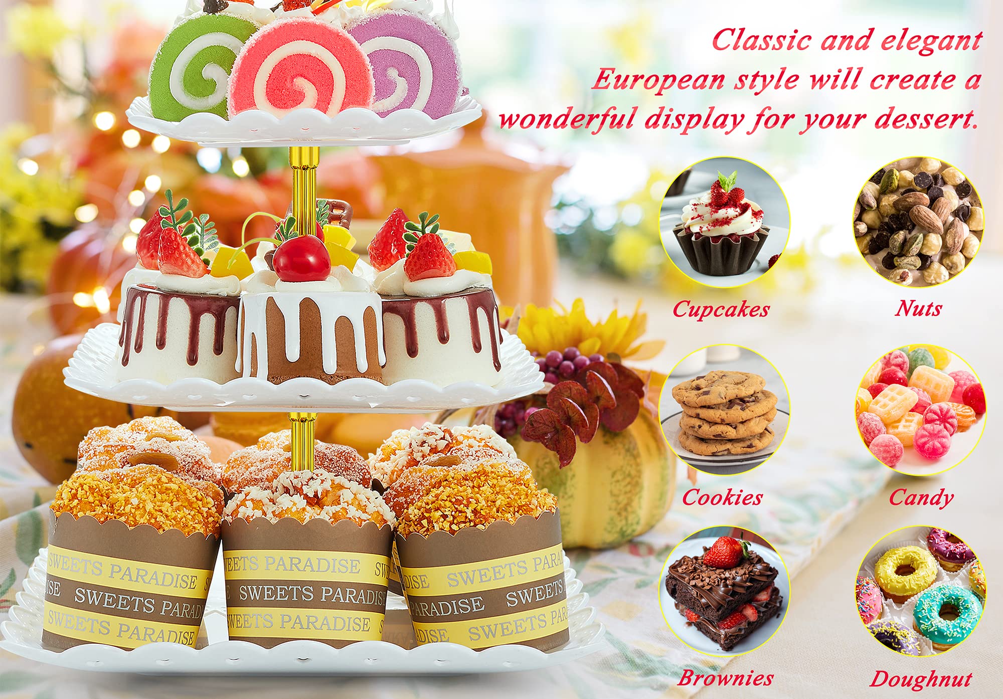 Dessert Table Display Set, 5 Pcs Cupcake Stand Set, Yuugitil White Gold Square Cupcake Tower & 14.5" Appetizer Serving Trays for Party, 3 Tier Cupcake Holder for Wedding Birthday Baby Shower