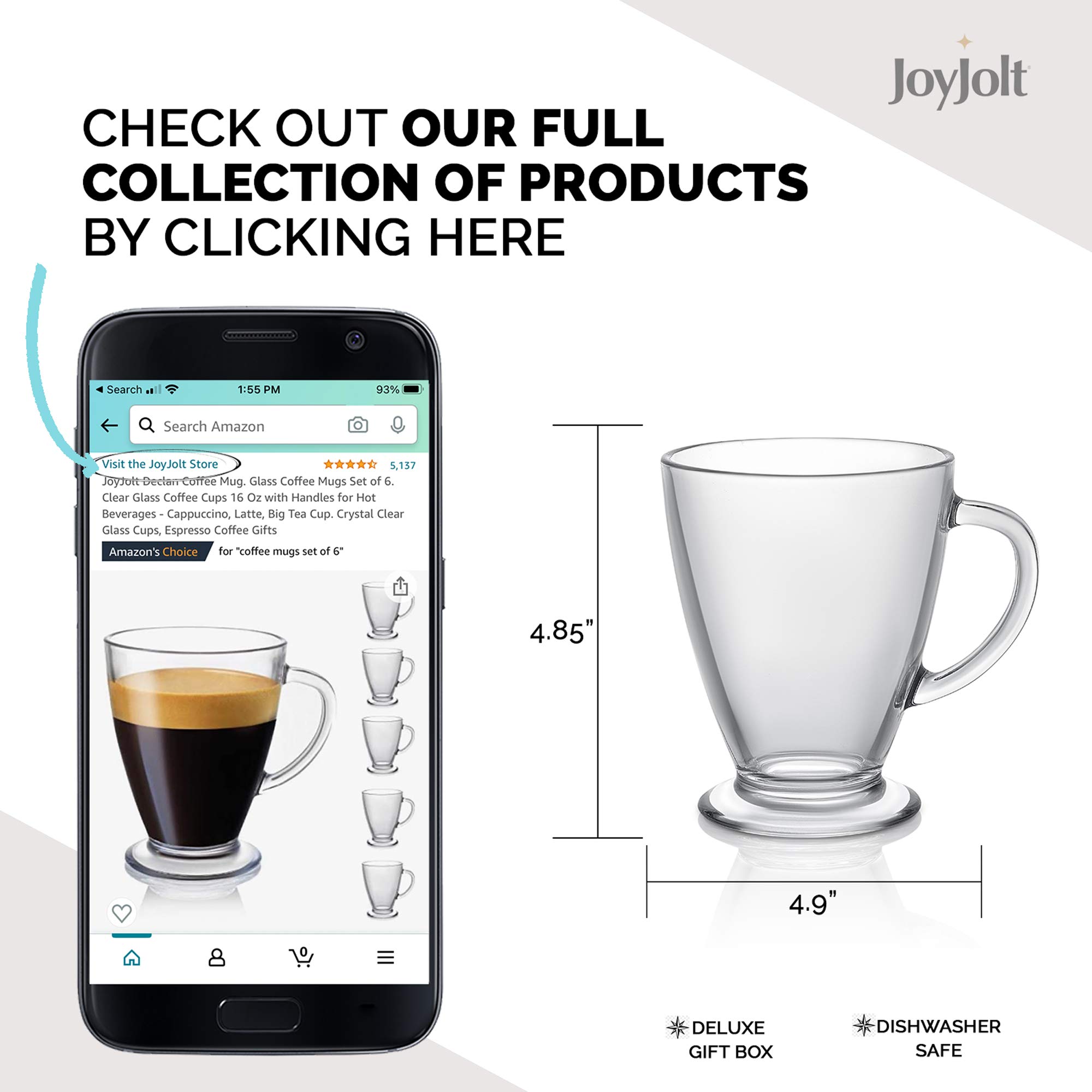 JoyJolt Declan Coffee Mug. Glass Coffee Mugs Set of 6. Clear Glass Coffee Cups 16 Oz with Handles for Hot Beverages - Cappuccino, Latte, Big Tea Cup. Crystal Clear Glass Cups, Espresso Coffee Gifts