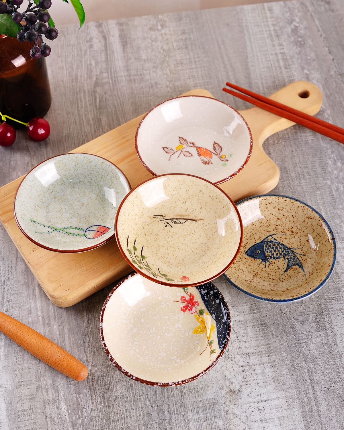 WHJY Japanese Retro Porcelain Side Dish Ceramic Side Dishes Bowl Seasoning Dishes Soy Dipping Sauce Dishes - Set of 5