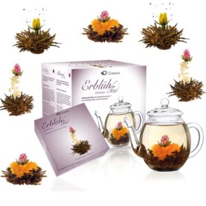 creano flowering tea abloom tea – flower tea ball gift set with 17oz glass tea pot | black tea